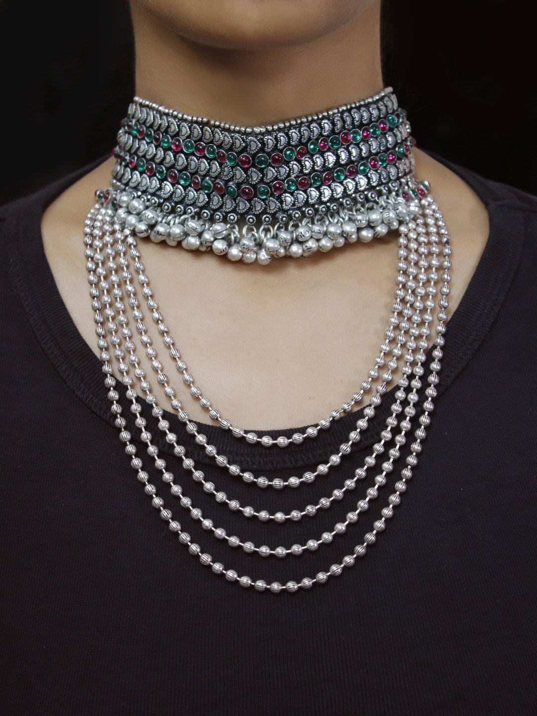 Oxidised German Silver Geometric Design 5 Layered Choker Necklace Set ...