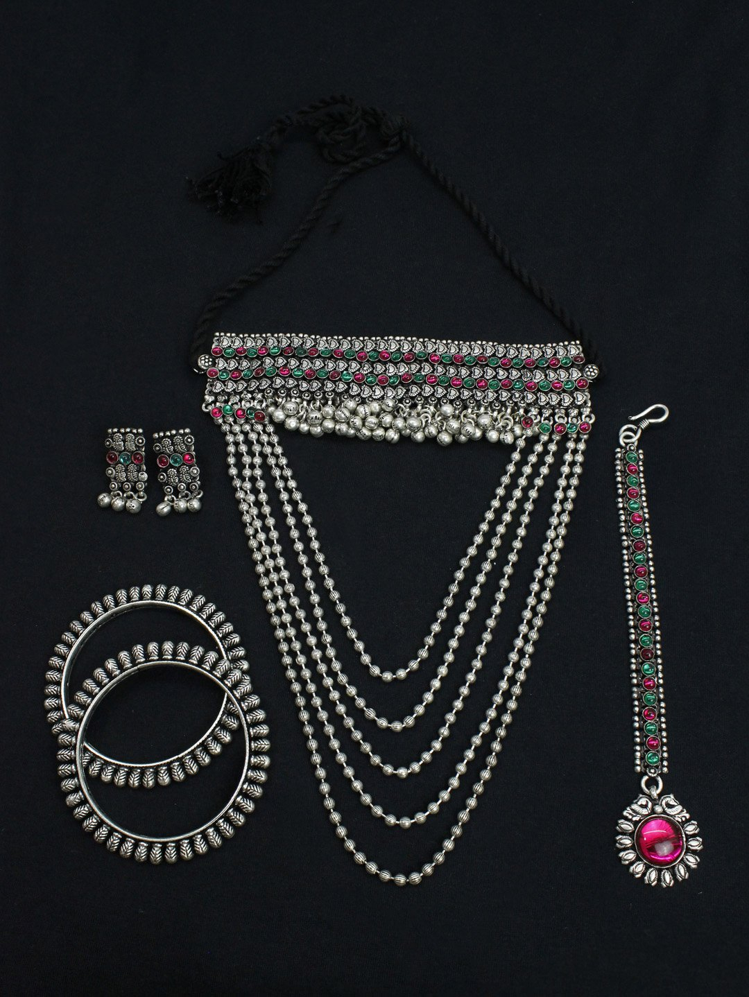 Oxidised German Silver Geometric Design 5 Layered Choker Necklace Set ...