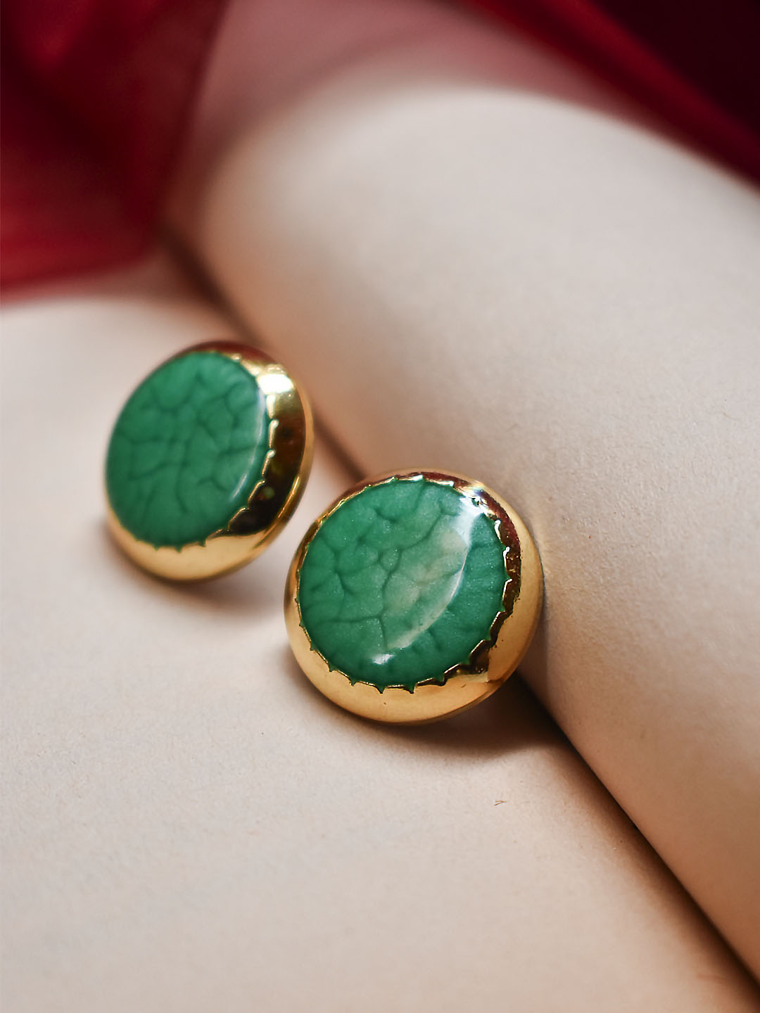Gold Plated Circular Shape Green Color Stud Earring